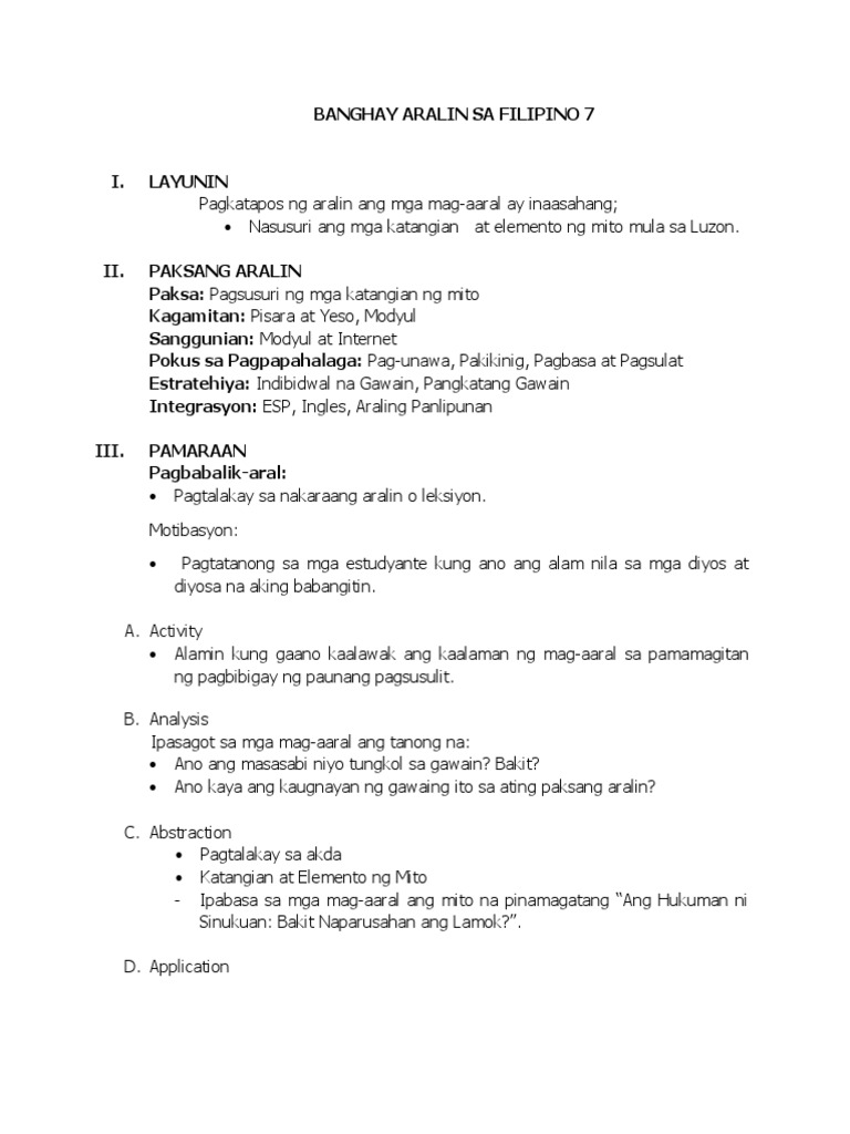 Banghay Aralin Sa Filipino 7 (Mitolohiya) | PDF