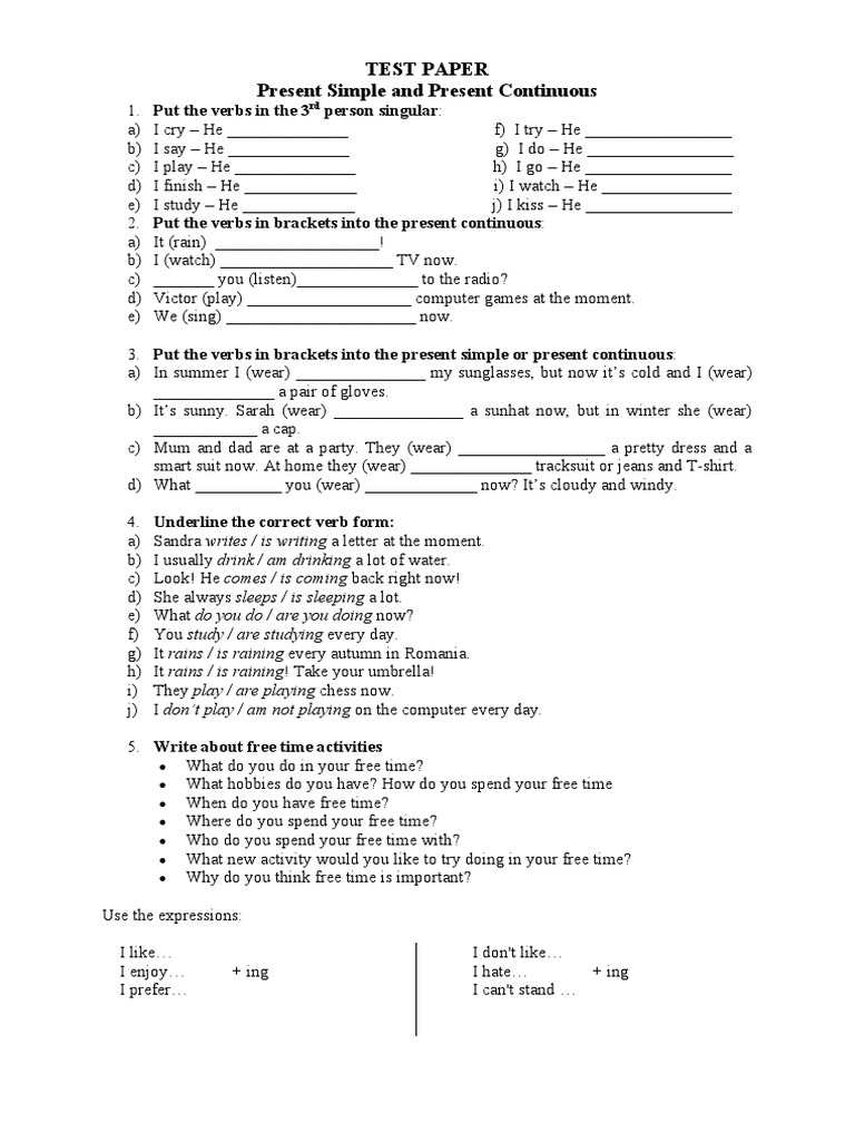 Test Paper Present Simple and Continuous | PDF | Linguistic Typology ...