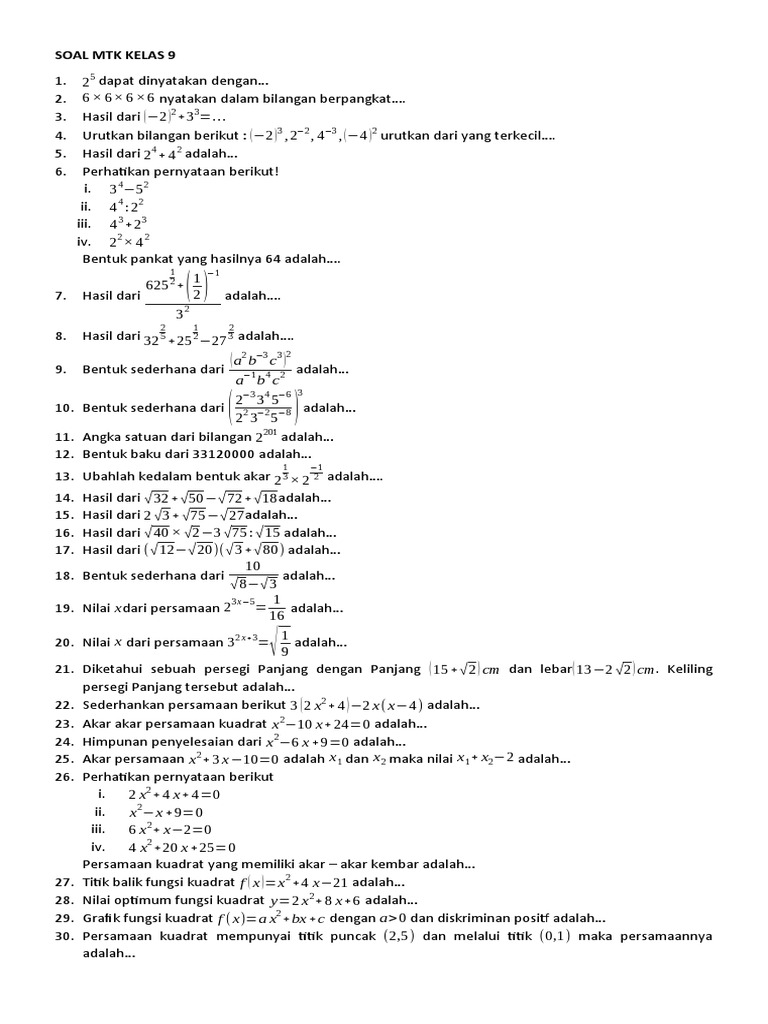 Soal Mtk Kelas 9 Pdf