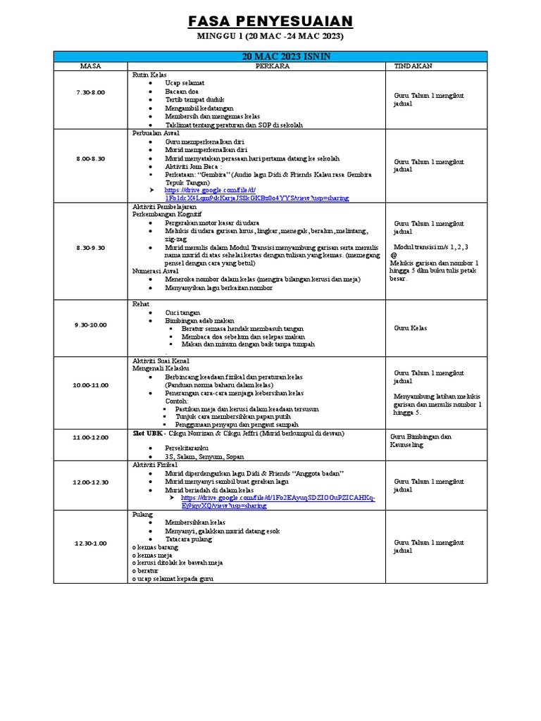 Jadual Transisi Minggu 1 | PDF