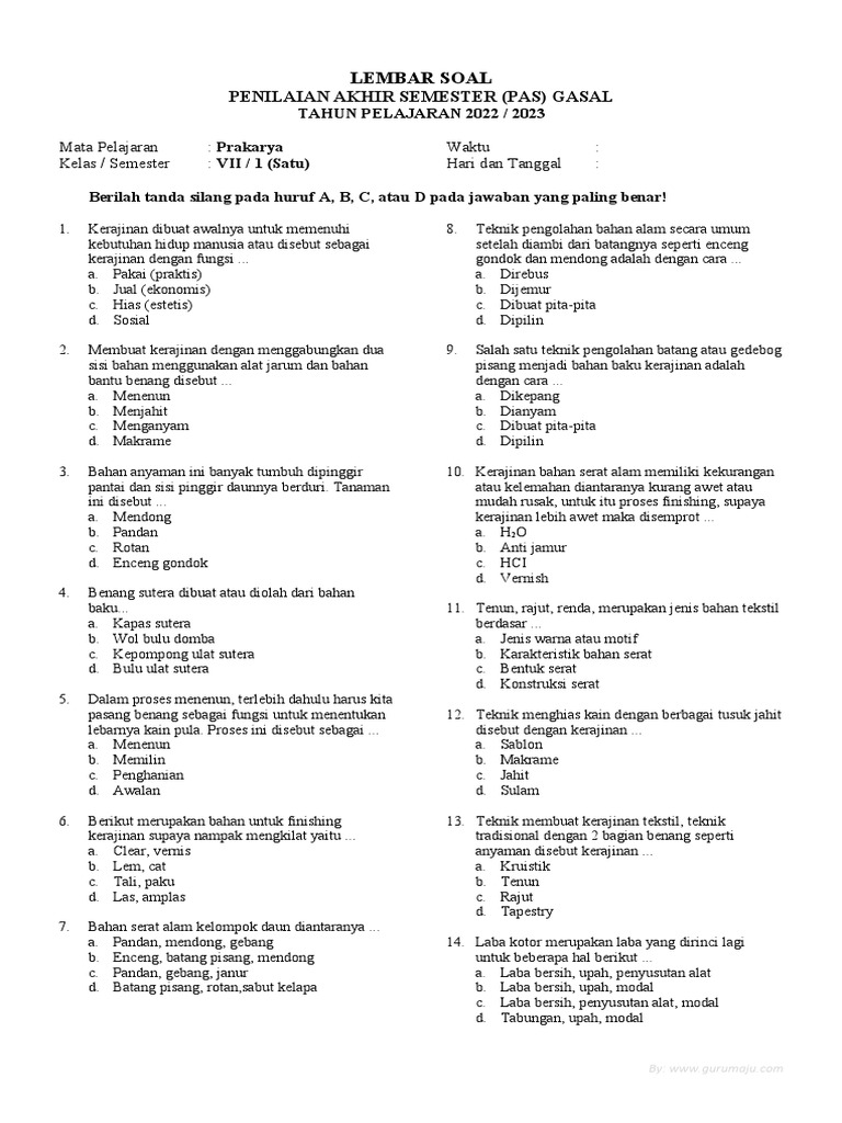 UJian Semester Prakarya Kelas 7 1 | PDF