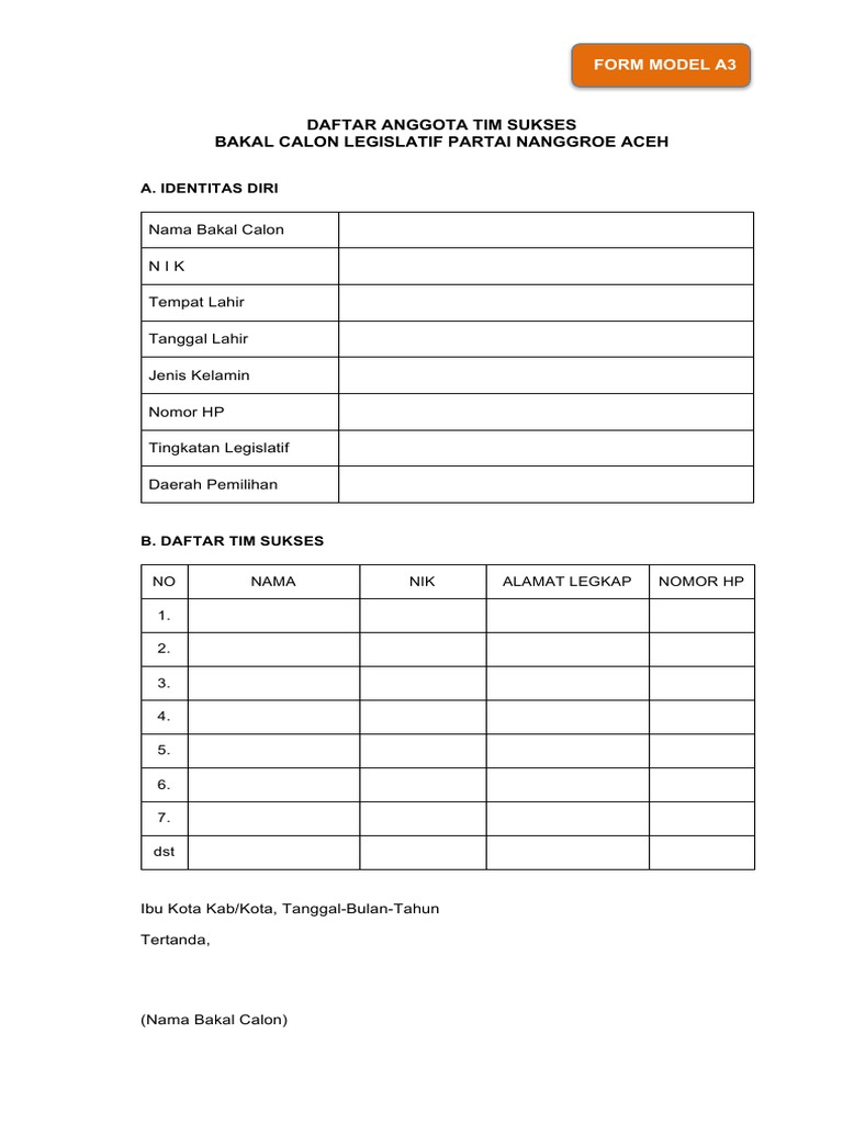 Form Model A3 - Daftar Tim Sukses PDF | PDF