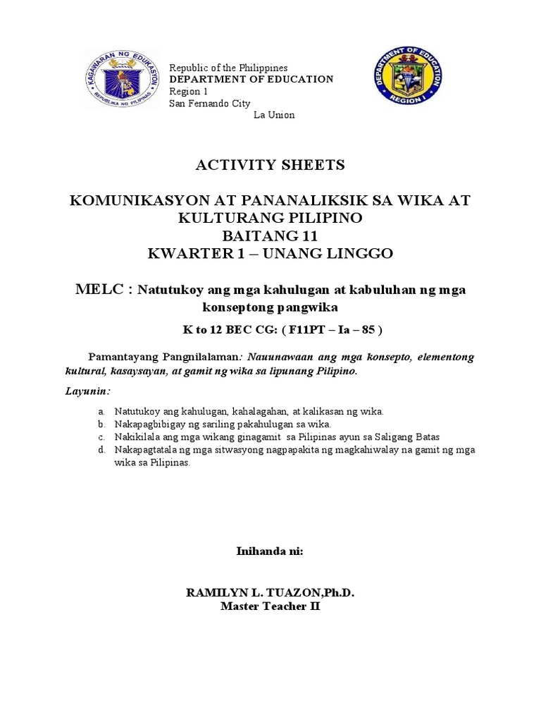 Act - Sheets - Week 1-Komunikasyon | PDF