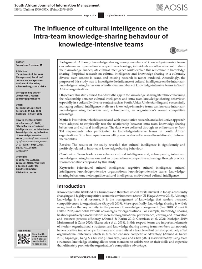 The Influcence Of Cultural Intelligence On The Intra Team Knowledge
