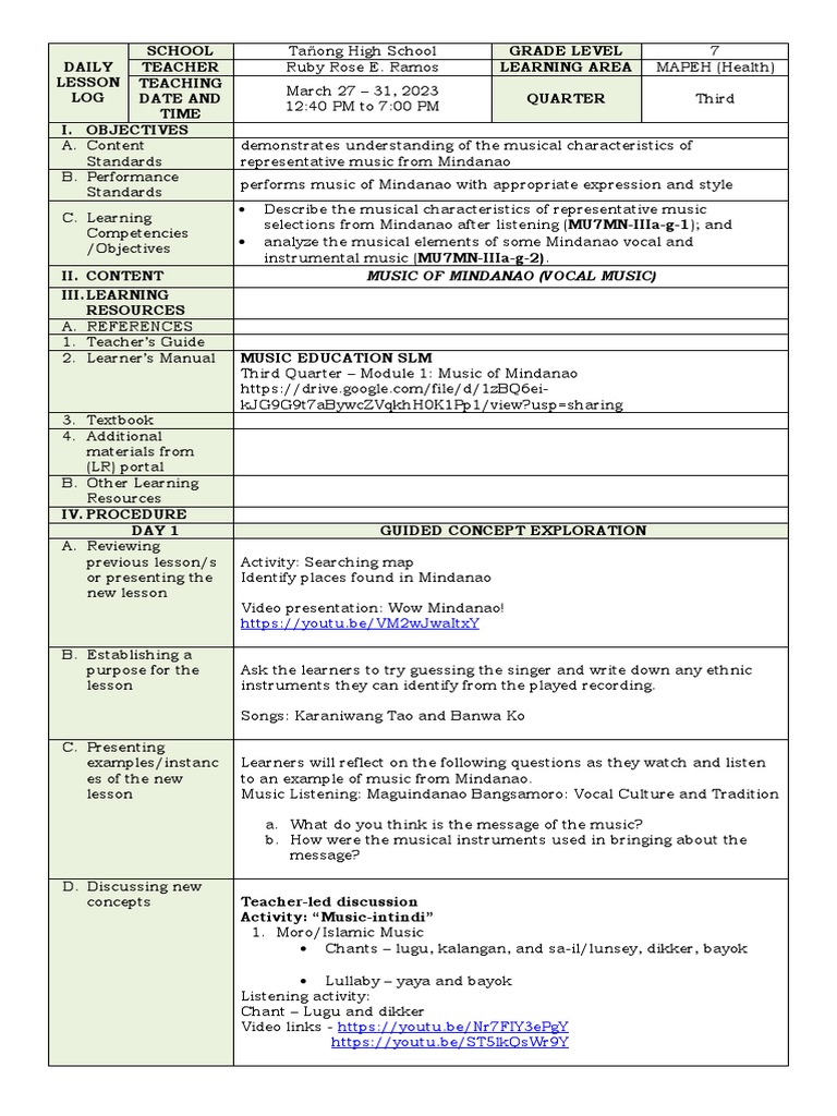 DLL Q3 W5 Music M1 Vocal Mindanao | PDF | Learning | Teachers