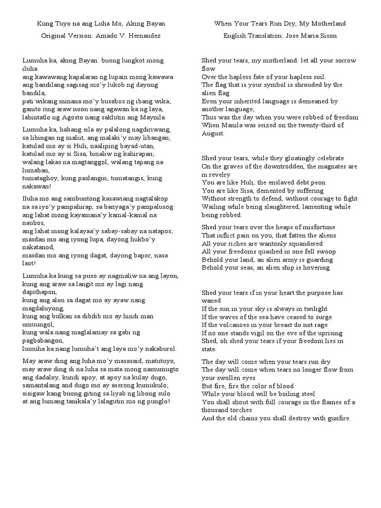 Kung Tuyo Na Ang Luha Mo, Aking Bayan When Your Tears Run Dry, My ...