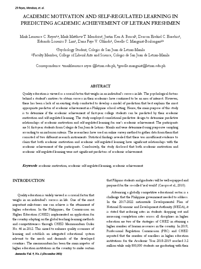 Academic Motivation and Self-Regulated Learning in Predicting Academic Achievement of Letran ...