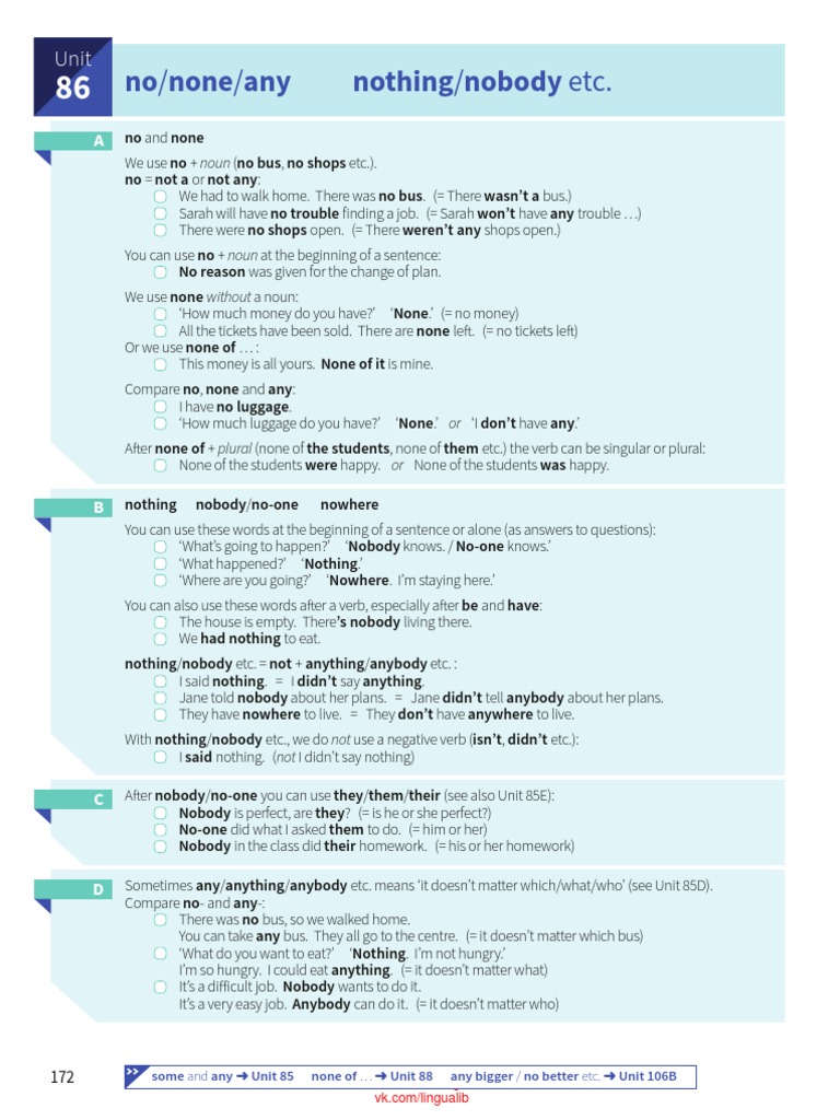 Understanding No, None, and Nobody | PDF | Plural | English Grammar