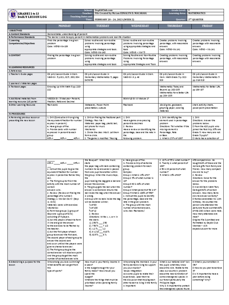 DLL Mathematics 5 q3 w2 | PDF | Percentage | Mathematics