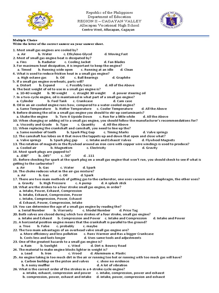 Grade 10 First Quarter Exam | PDF | Internal Combustion Engine | Vehicles
