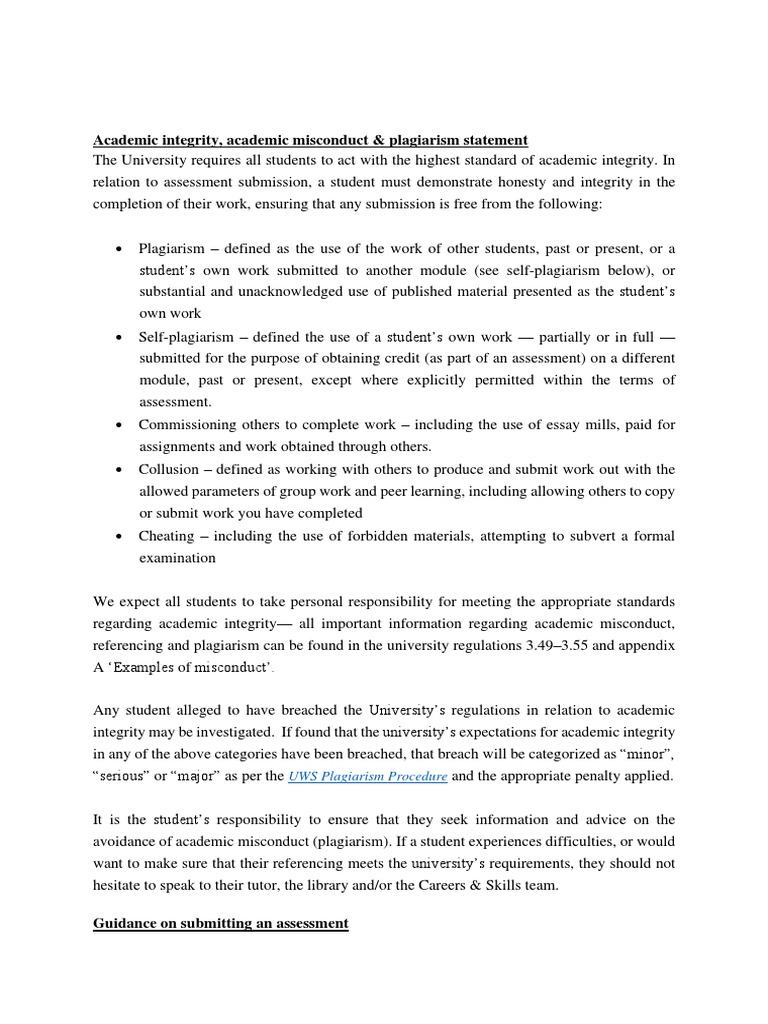 Academic Integrity Statement | PDF | Academic Dishonesty | Plagiarism