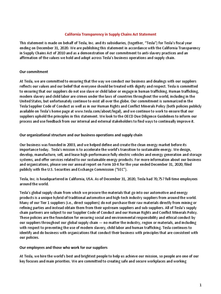 2020 California Transparency Supply Chain Act Statement | Download Free ...