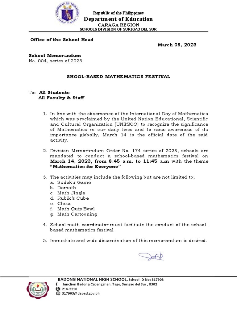 School Memo For School Based Math Festival | PDF