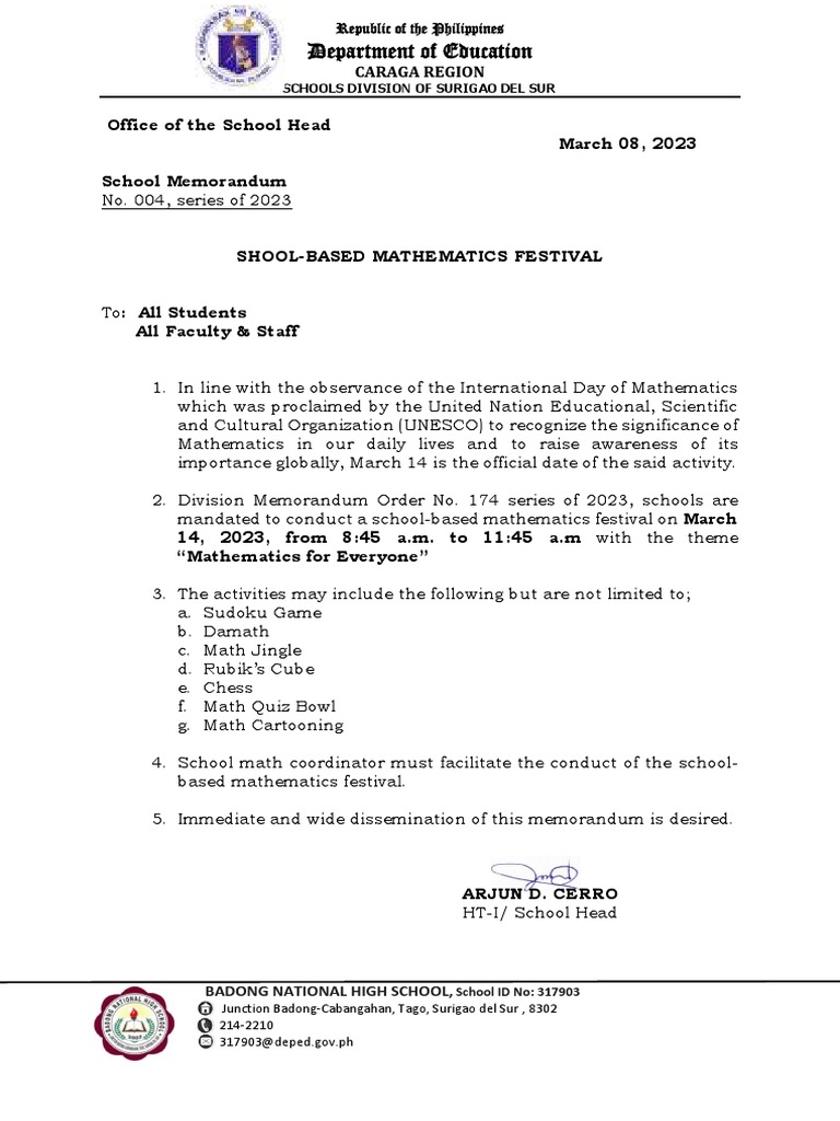 School Memo For School Based Math Festival PDF | PDF | Science ...