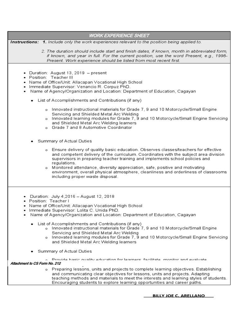 Work Experience Sheet for Teachers | PDF | Teachers | Learning