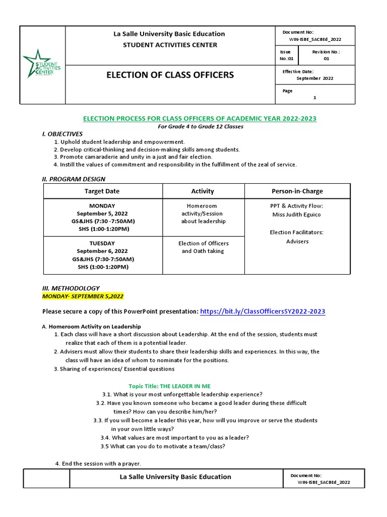 Roles And Responsibilities Of Class Officers Pdf Pdf