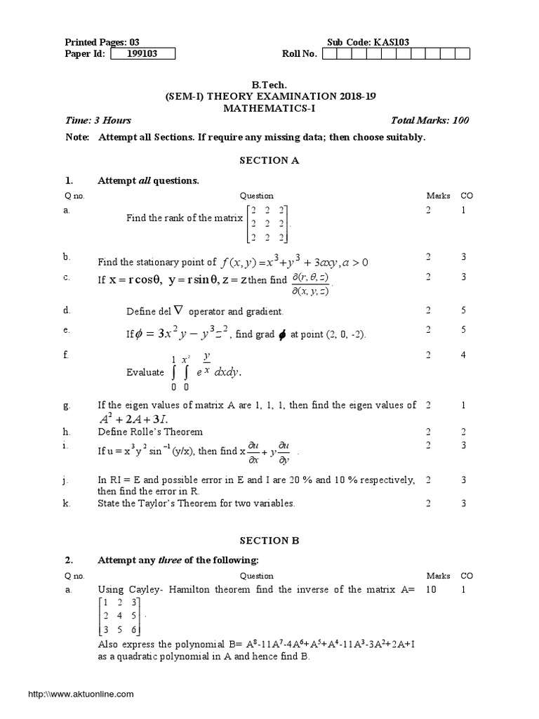 Btech 1 Sem Mathematics 1 Kas 103 2018 19 | PDF | Polynomial | Matrix ... Btech 1 Sem Mathematics 1 Kas 103 2018 19 | PDF | Polynomial | Matrix ...