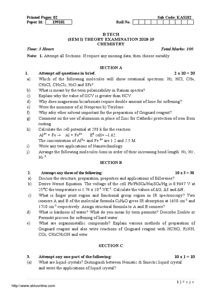 Btech 1 Sem Chemistry Kas 102 2018 19 | PDF