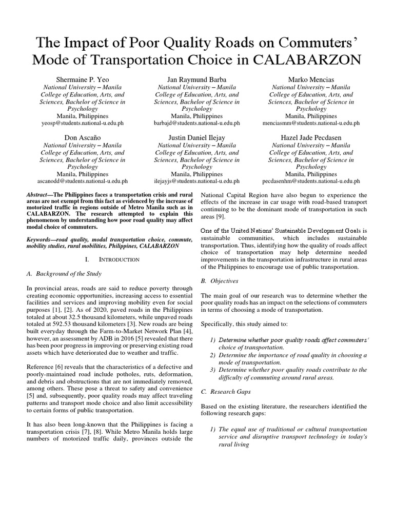 Poor Road Quality and Commuter Choices | PDF | Survey Methodology | Road