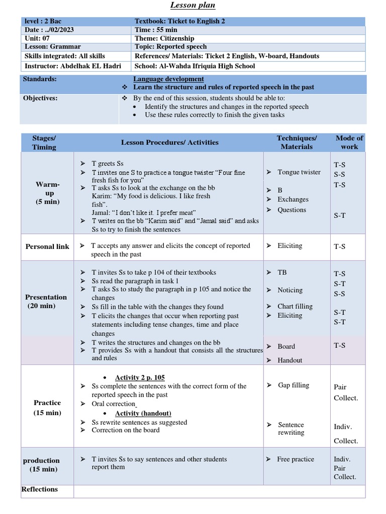 Reported Speech Lesson Plan for 2 Bac | PDF | Cognitive Psychology | Behavior Modification