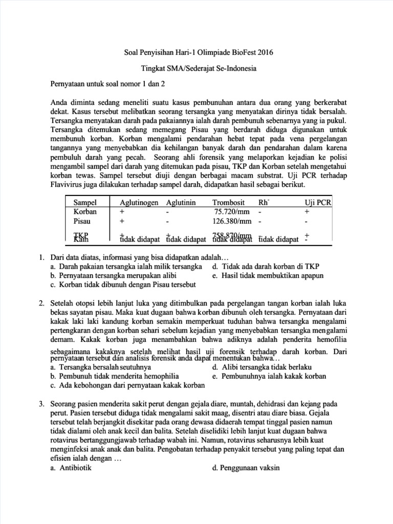 PDF Soal Penyisihan Sma Hari 1 Olimpiade Ui Biofest 2016 - Compress | PDF