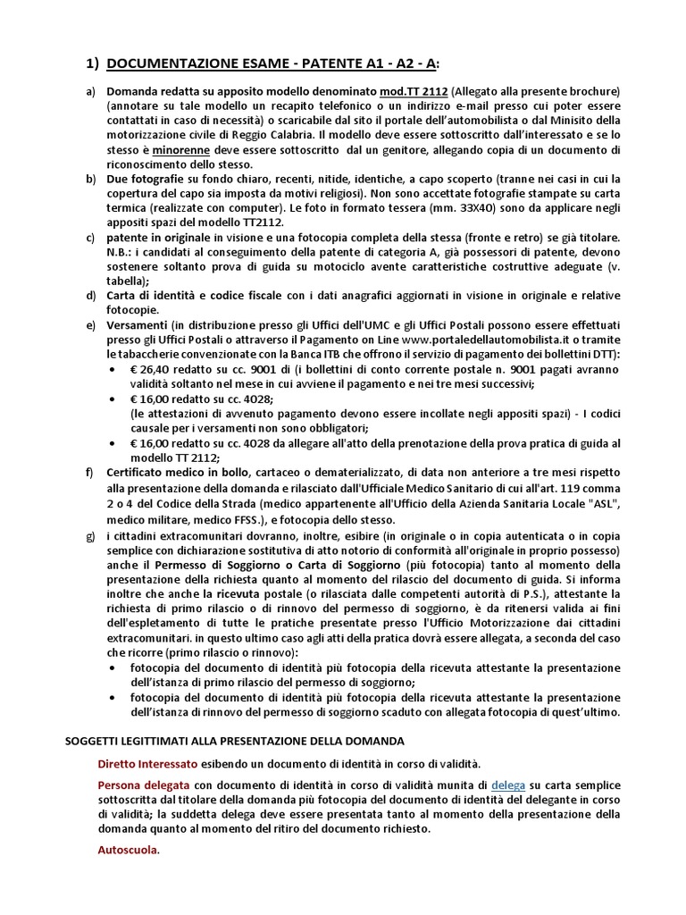 Documentazione Esame Cat. A1 - A2 - A PDF | PDF