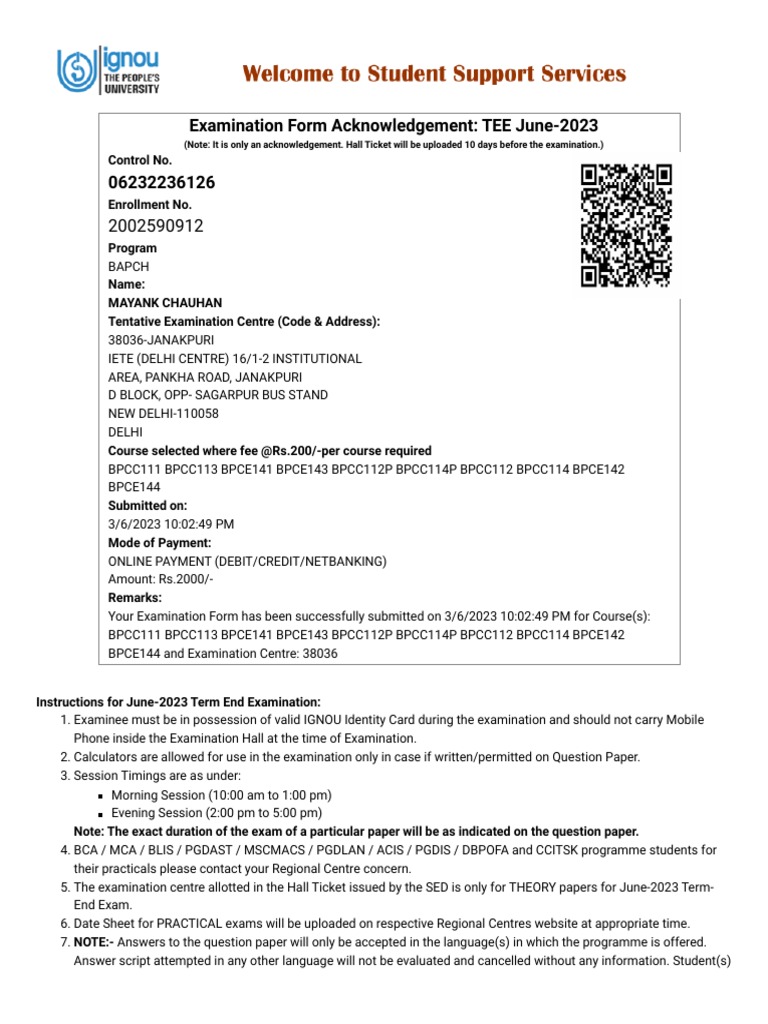 IGNOU - Examination Form Acknowledgement | PDF