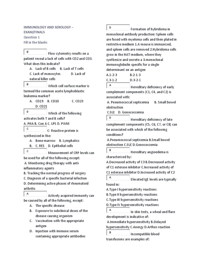 Immunology and Serology Exam Questions | PDF | Immune System | Natural Killer Cell