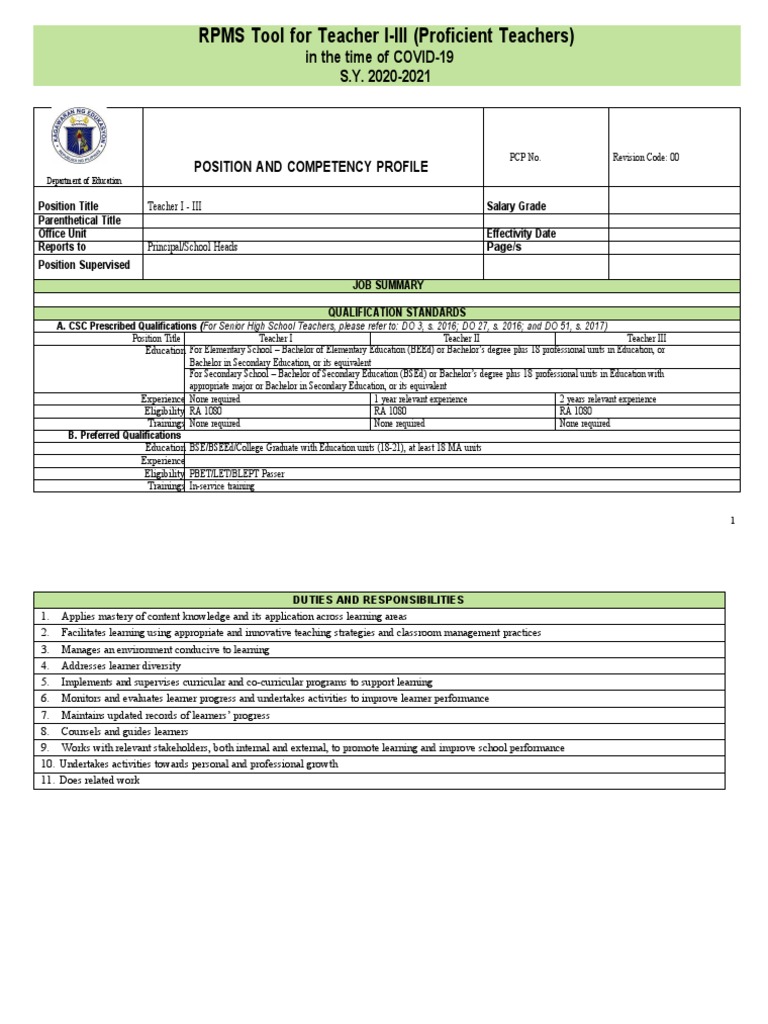 (Appendix 1) RPMS Tool For T I-III SY 2020-2021 in The Time of COVID-19 ...