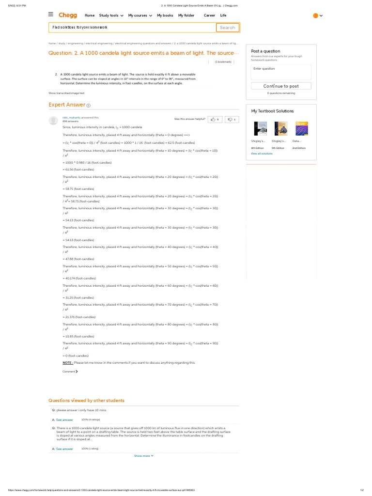 A 1000 Candela Light Source Emits A Beam of Lig... | PDF | Textbook