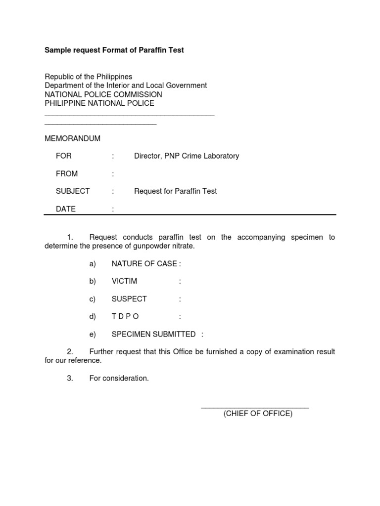 Sample Request Format of Paraffin Test | PDF