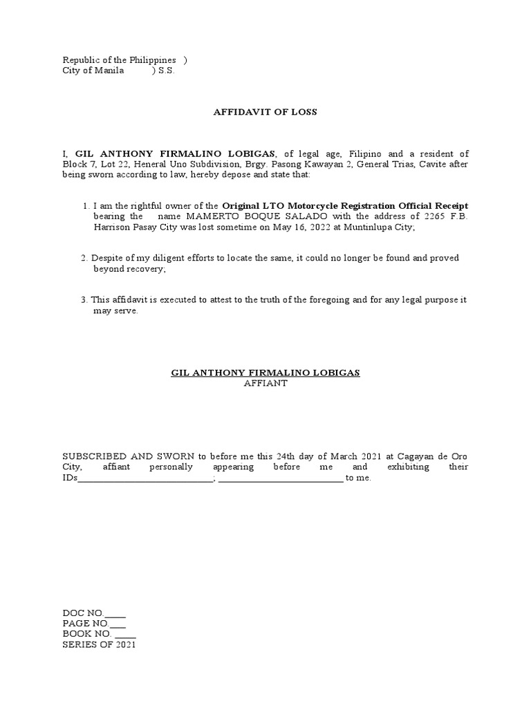 Affidavit of Loss | PDF