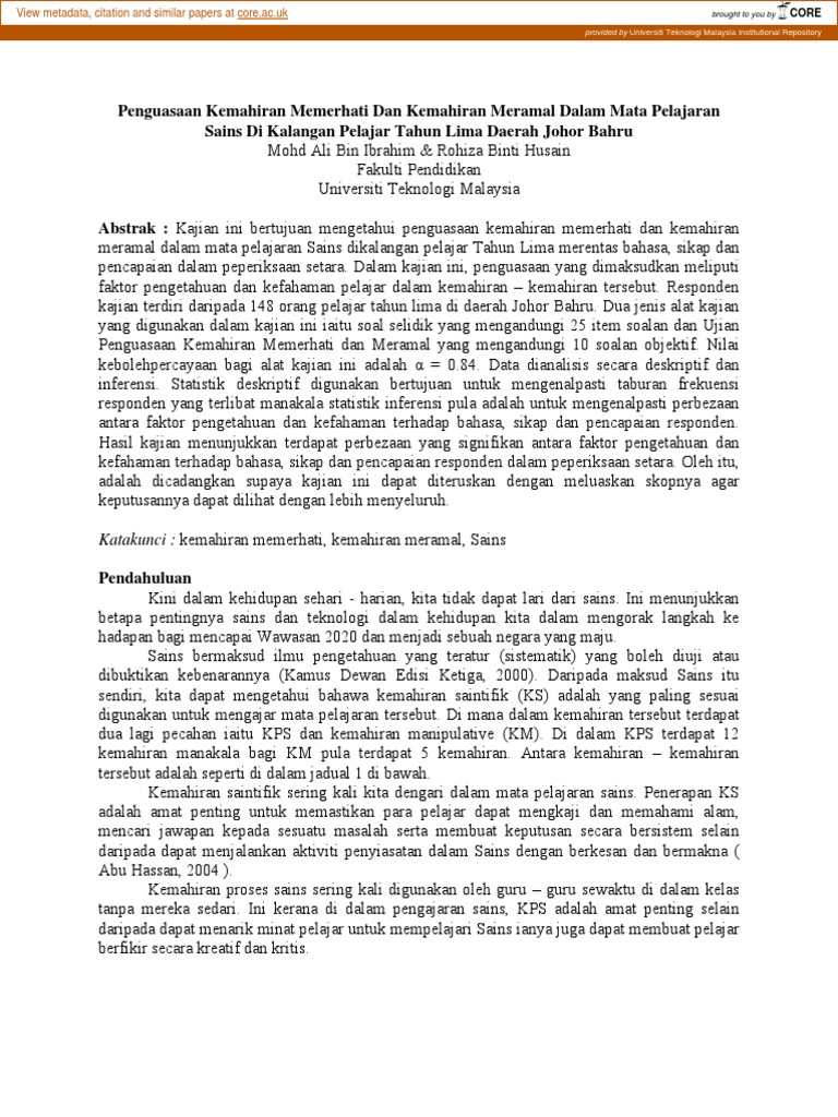 Penguasaan Kemahiran Memerhati Dan Kemahiran Meramal Dalam Mata ...