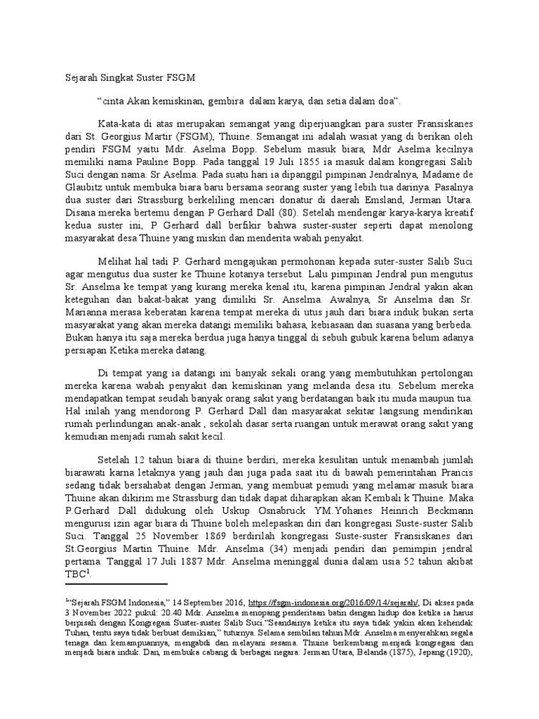Sejarah Suster FSGM Tugas Baru | PDF