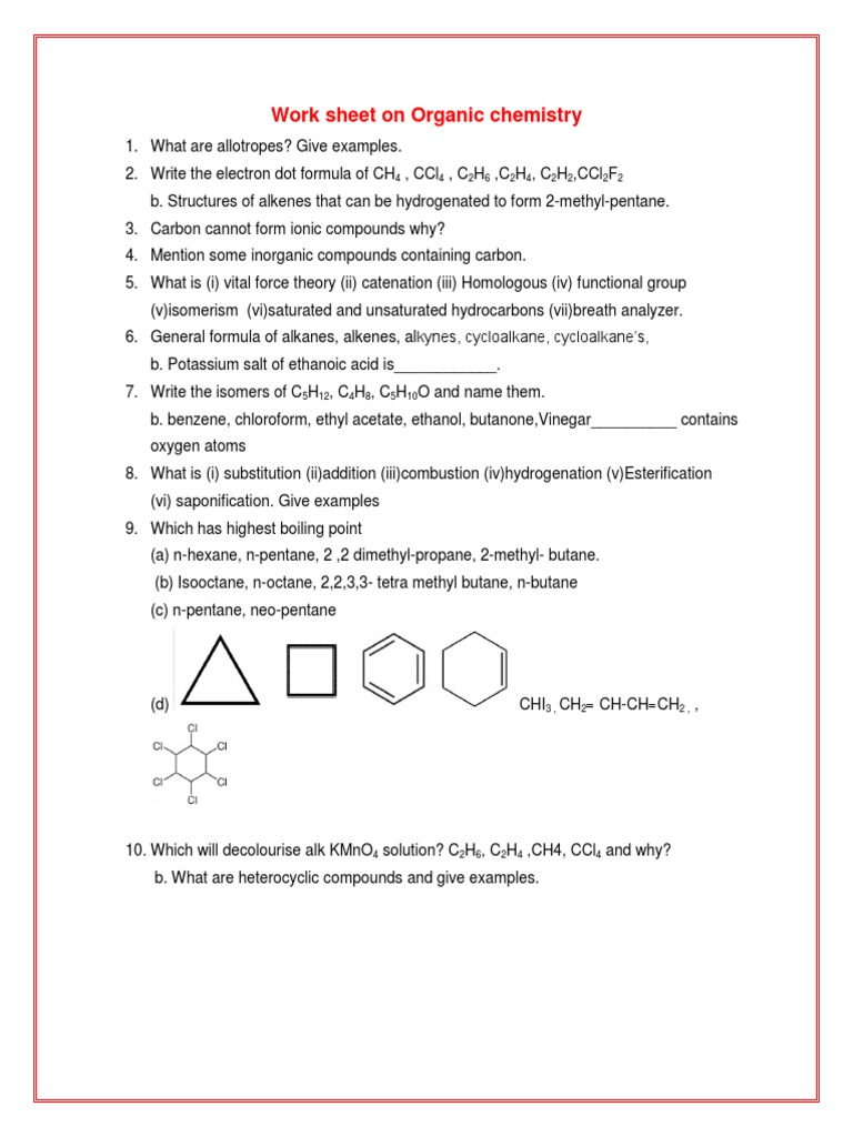 Organic Chemistry Worksheet | PDF | Science & Mathematics