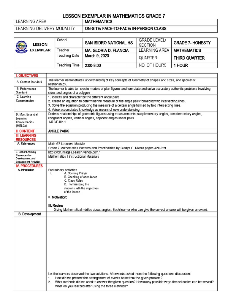 LESSON-EXEMPLAR-IN-MATH-7 For Cot - 3rd Quarter | PDF | Mathematics ...