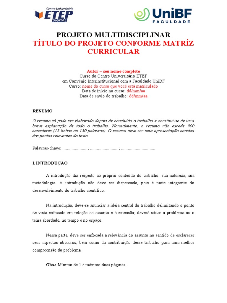 Modelo de Projeto Multidisciplinar | PDF | Abstract (resumo) | Science