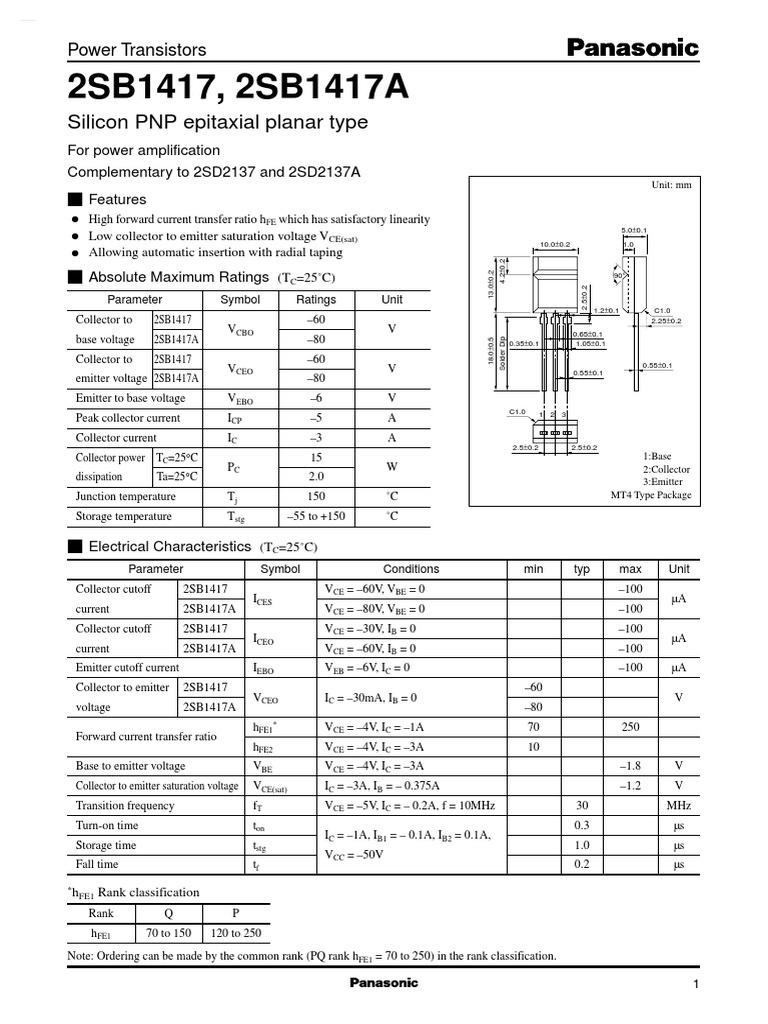 B1417 PanasonicSemiconductor PDF | PDF | Bipolar Junction Transistor ...