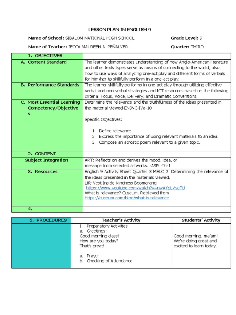 Intern Week2 Lesson Plan Determining The Relevance Of The Ideas