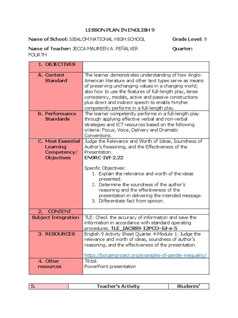 Intern Week5 Lesson Plan-Judge The Relevance and Worth of Ideas, Soundness of Author's Reasoning ...