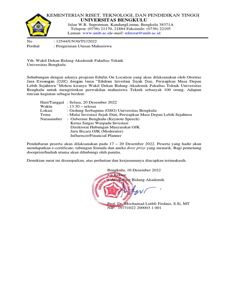 FT UNIB-Surat Utusan Pengiriman Mahasiswa - KU OJK 2022 | PDF | Sains ...