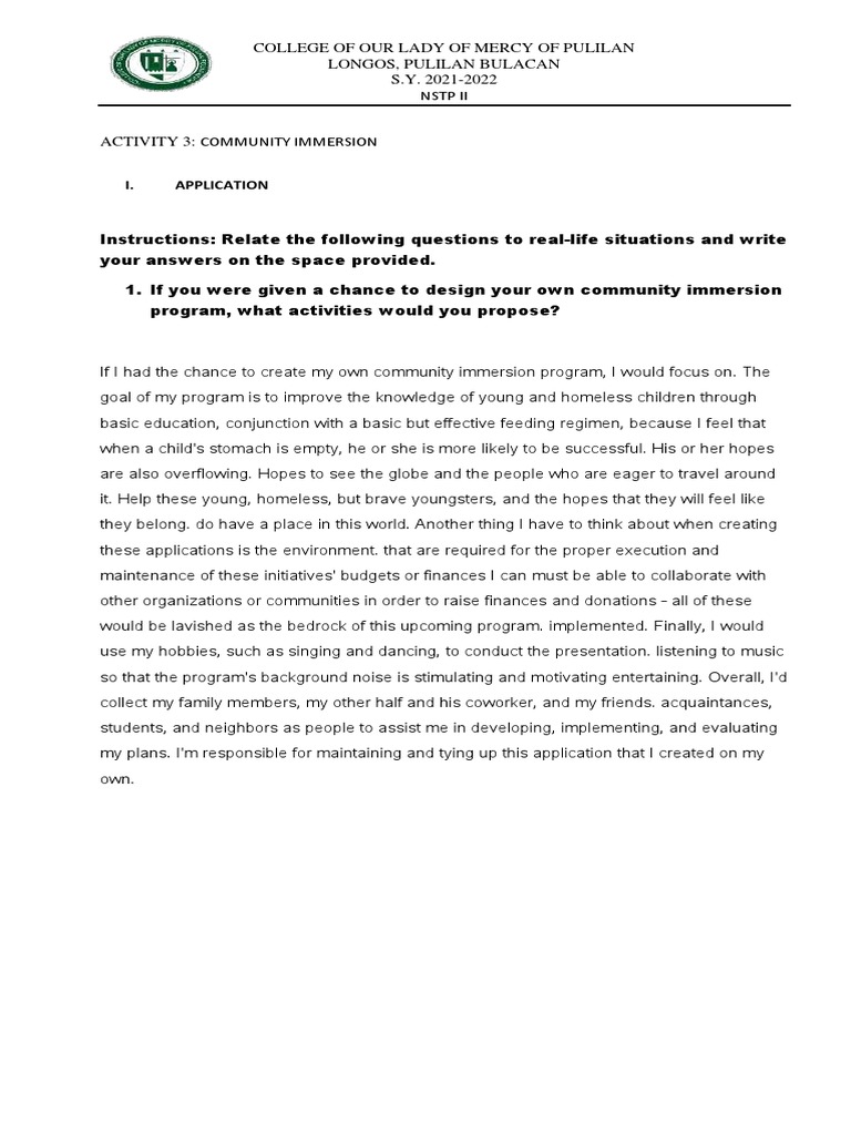 NSTP2 Activity 3 COMMUNITY IMMERSION | PDF | Community | Empowerment