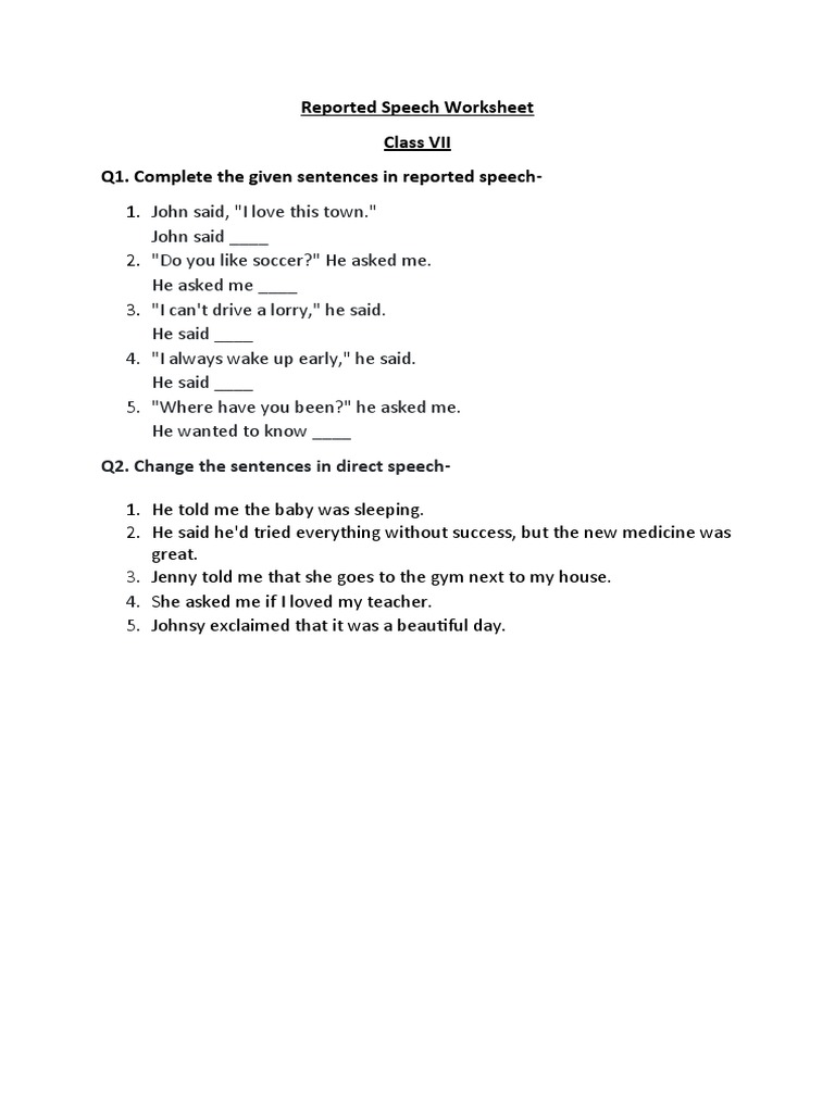 Reported Speech Worksheet for Class 7 | PDF