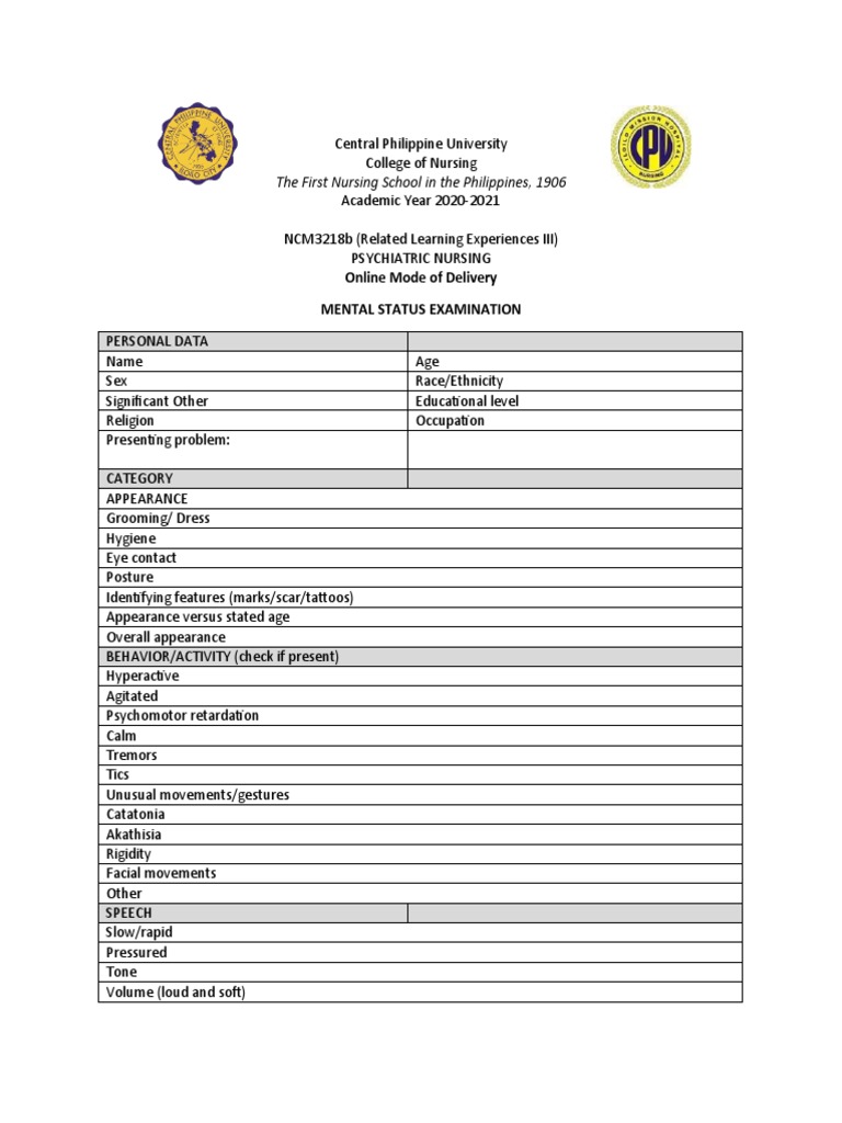Mental Satus Exam Form | Download Free PDF | Psychology | Mental Health