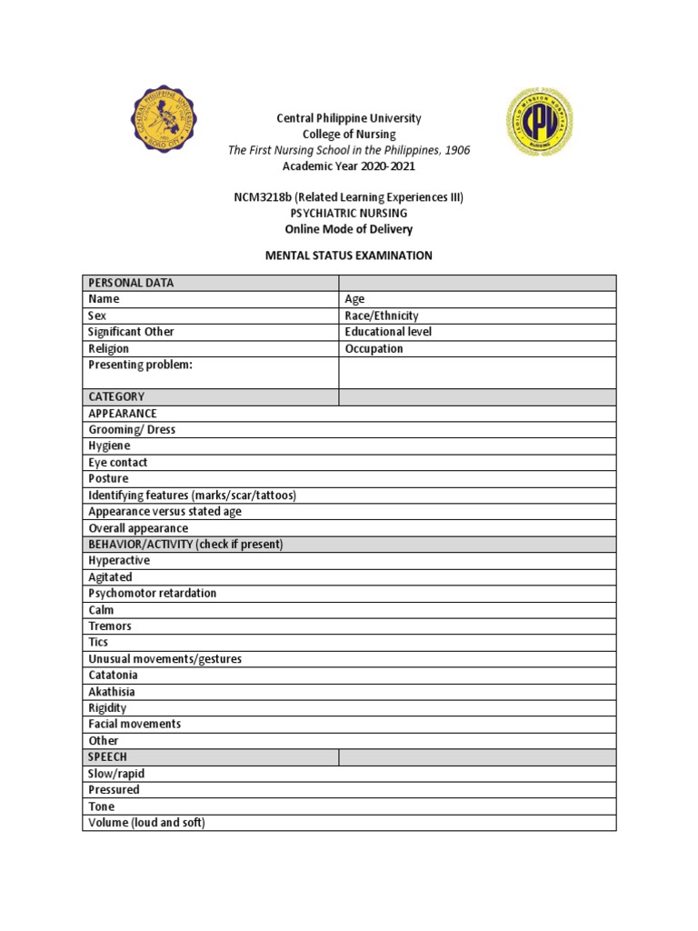 Mental Satus Exam Form | PDF | Psychology | Diseases And Disorders