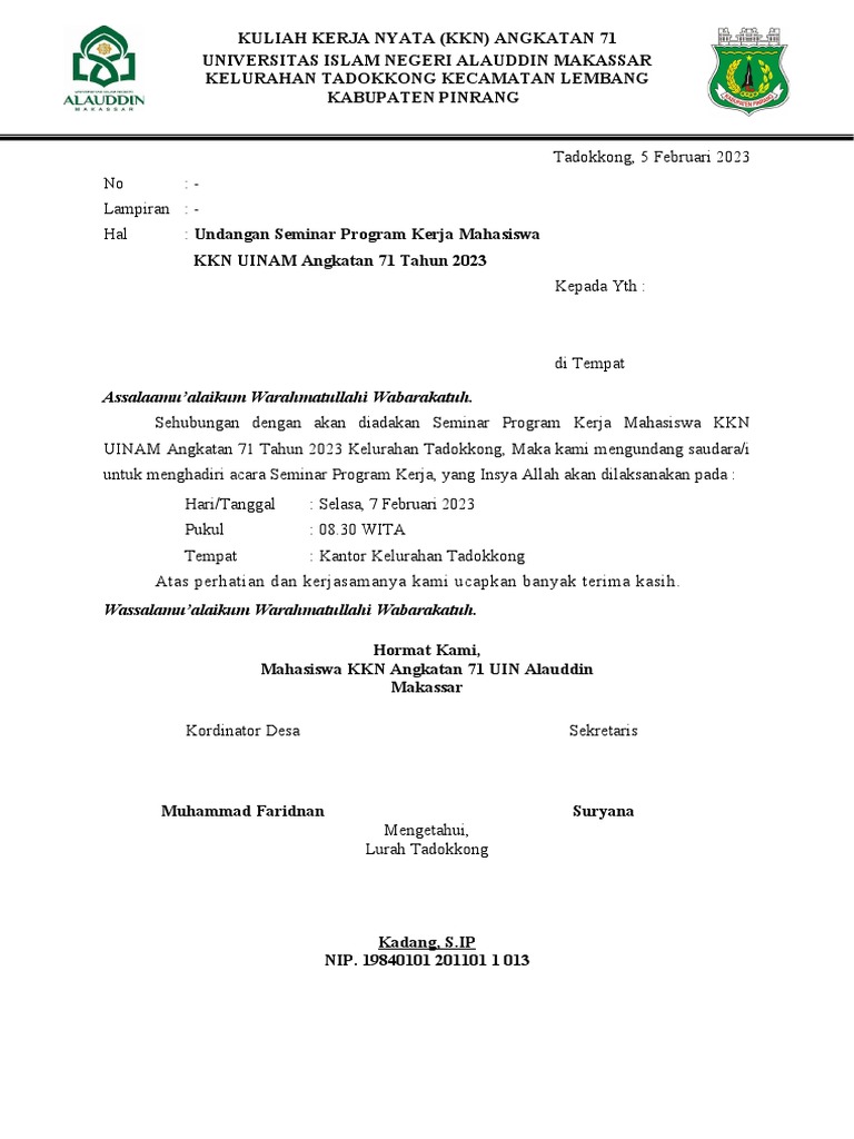 Surat Undangan Seminar Proker KKN-1 | PDF