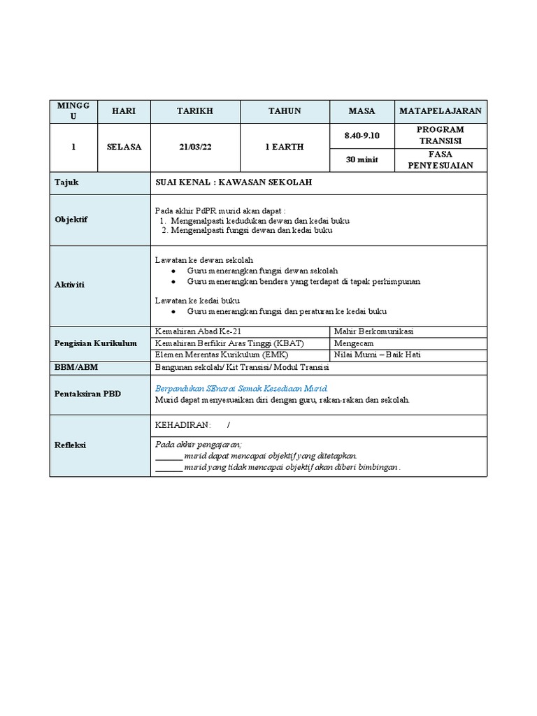 RPH Transisi Tahun 1 | PDF