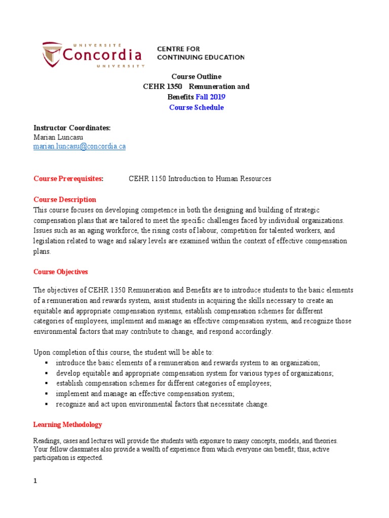Course Outline - CEHR 1350 Remuneration and Benefits | PDF | Violence ...