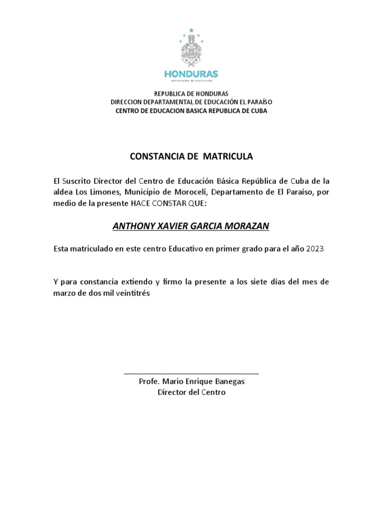 Constancia de Matrícula 2023 Honduras | PDF