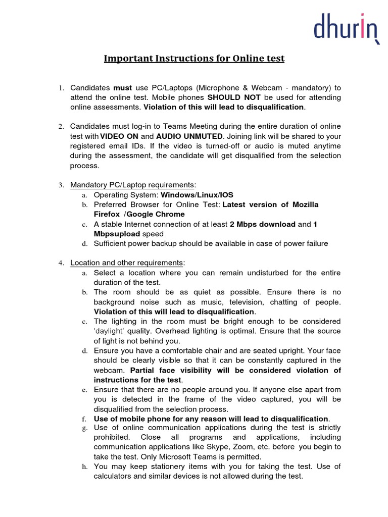 DHURIN Online Test Instructions | PDF | Computing | Telecommunications